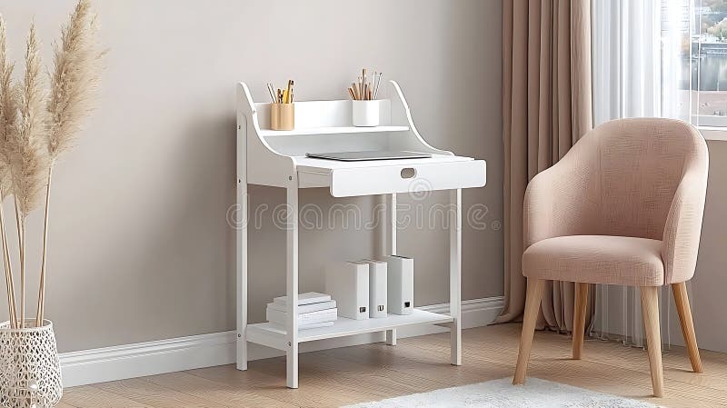 White Compact Home Office Desk, Study Table - Minimalist Design Stock ...