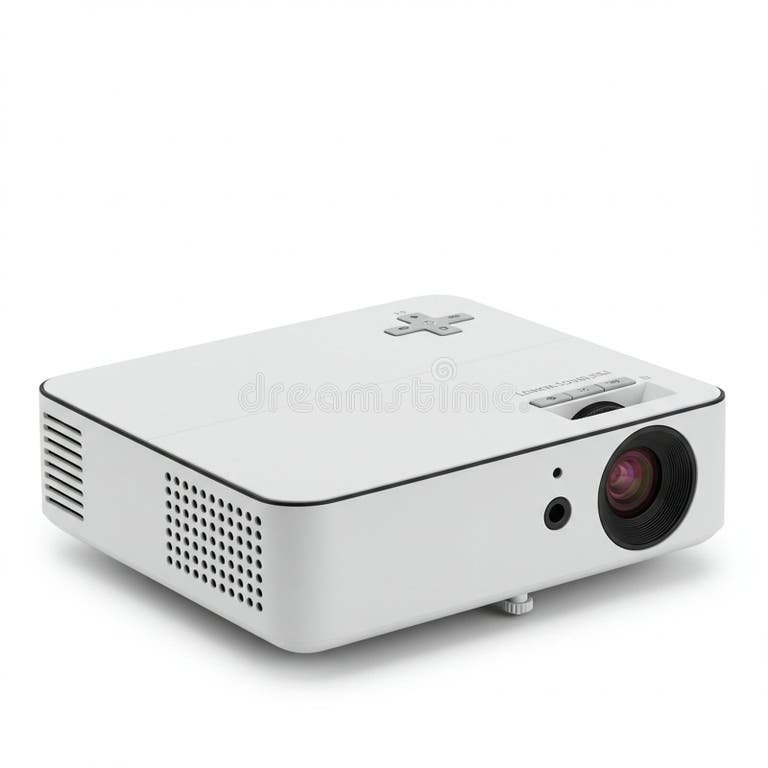 White Compact Projector with a Rectangular Shape. Features a Prominent ...