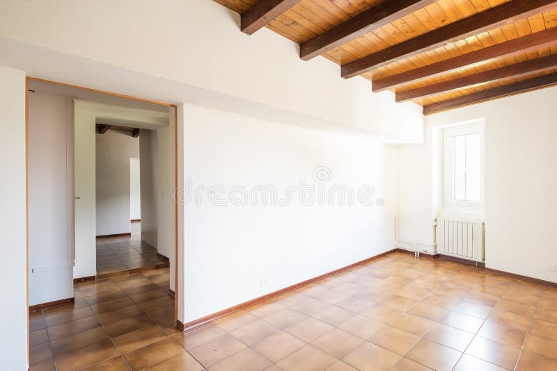White and Completely Empty Room with Wood on the Ceiling Stock Photo ...