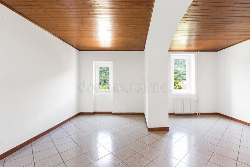 White and Completely Empty Room with Wood on the Ceiling Stock Image ...