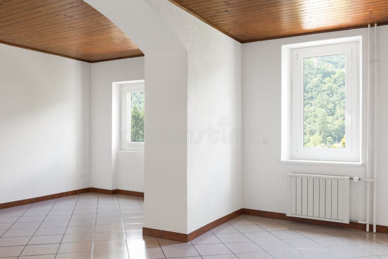 White and Completely Empty Room with Wood on the Ceiling Stock Photo ...