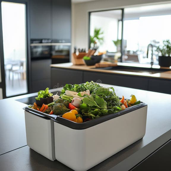 White Composter Filled with Fresh Vegetables in a Modern Kitchen Stock ...