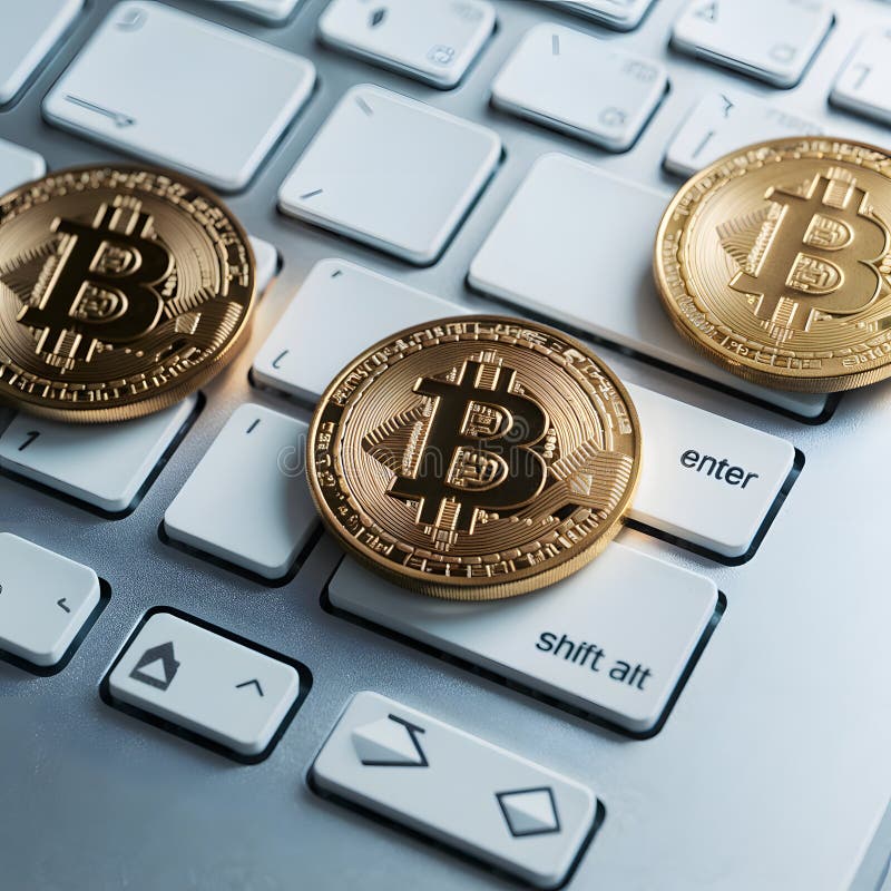 White Computer Keyboard, Golden Bitcoin Coins on Keys, Cryptocurrency ...