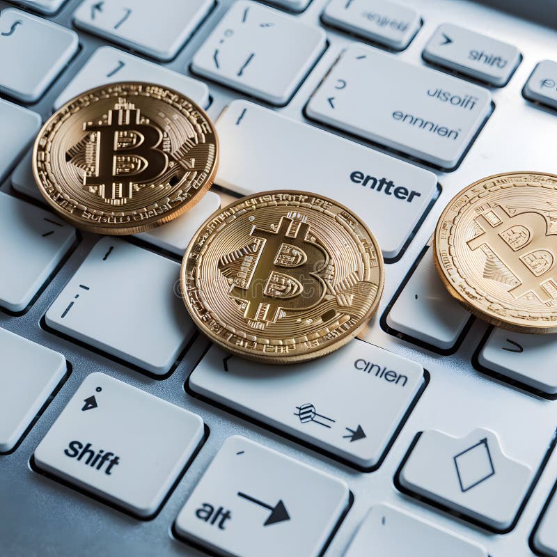 White Computer Keyboard, Golden Bitcoin Coins on Keys, Cryptocurrency ...