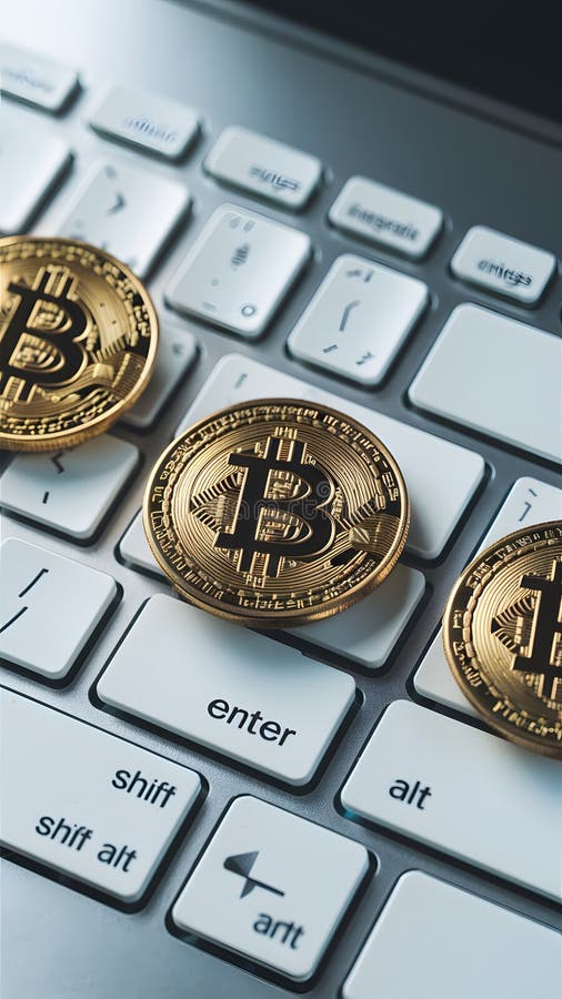 White Computer Keyboard, Golden Bitcoin Coins on Keys, Cryptocurrency ...