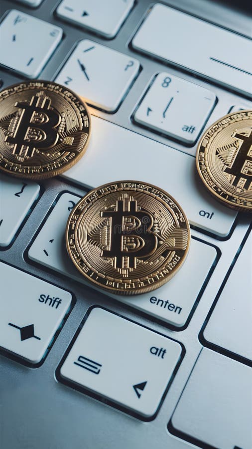 White Computer Keyboard, Golden Bitcoin Coins on Keys, Cryptocurrency ...