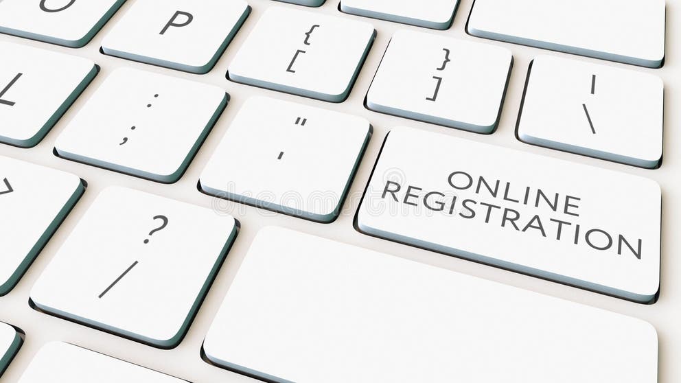 White Computer Keyboard and Online Registration Key. Conceptual 3D ...