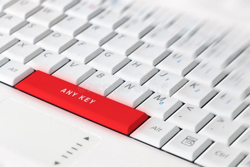 White Computer Keyboard with Red Any Key Button. Conceptual Key on ...