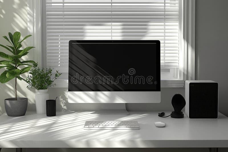 Minimalist Workplace with Mockup of Computer on Wall Background ...