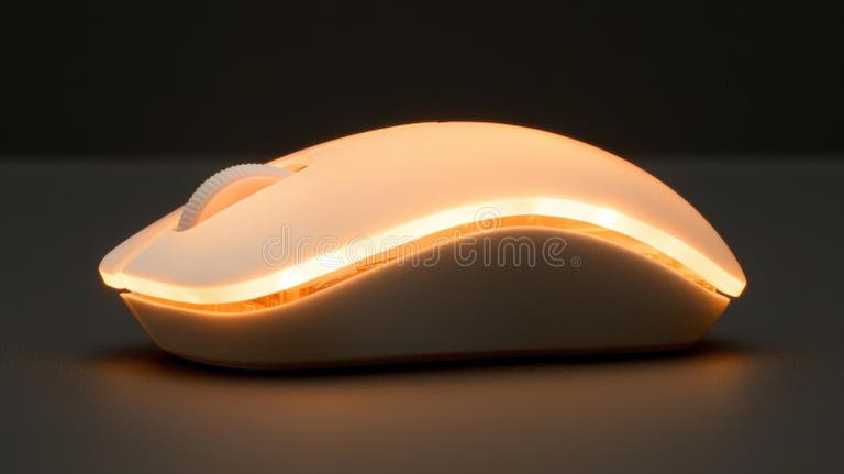 A White Computer Mouse with a Glowing Orange Light on the Bottom. Stock ...