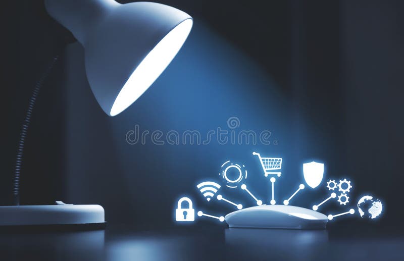 White Computer Mouse, Light and Icons. Network Security and Protection ...