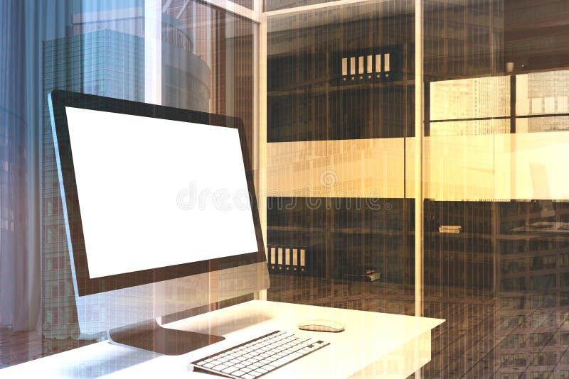White Computer Screen on an Office Table Toned Stock Illustration ...