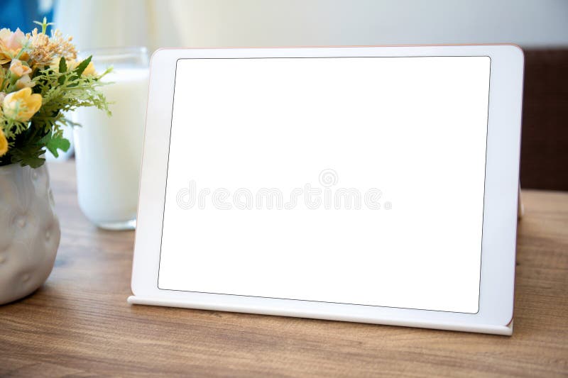 White Computer Tablet with Isolated Screen on Table Cafe Stock Image ...