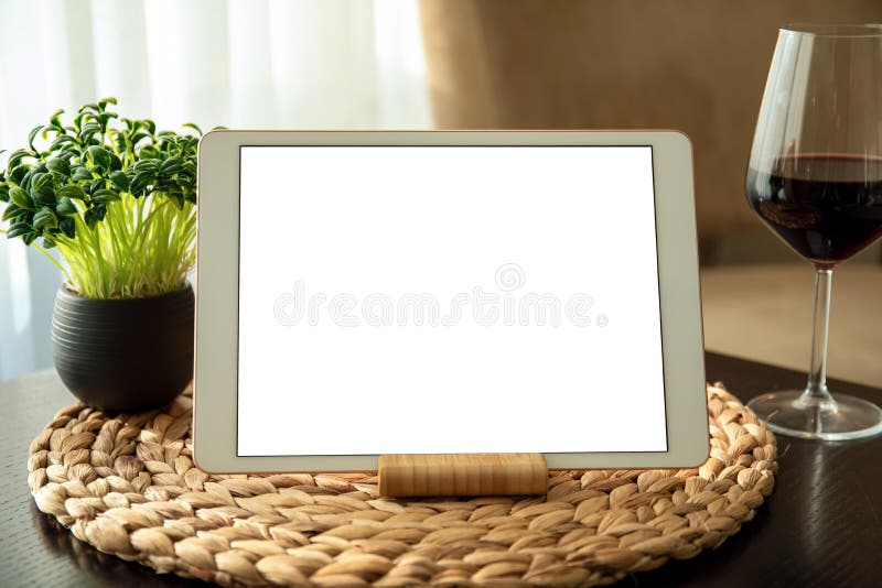 White Computer Tablet with Isolated Screen on Table with Glass Stock ...