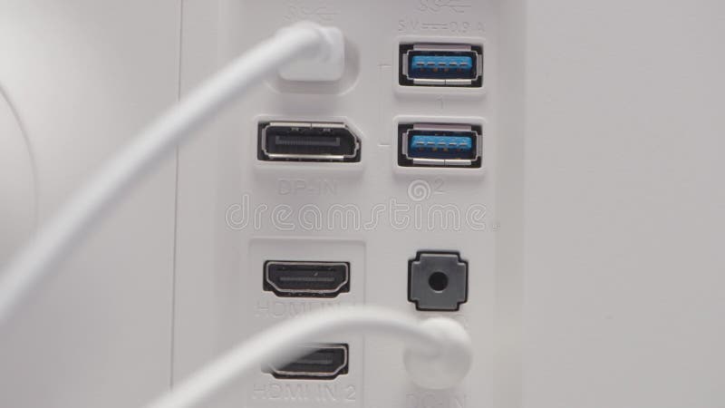 White Computer with USB Inputs. Action. Cables Connected To Some Inputs ...