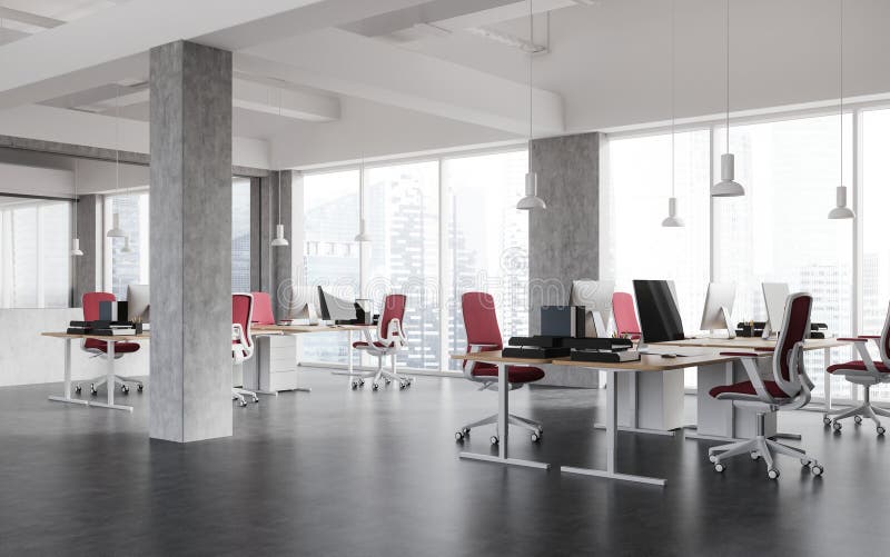 White and Concrete Open Space Office Corner with Columns Stock ...