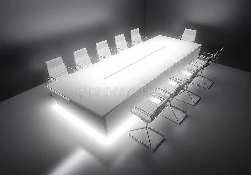 A White Conference Table with a Row of White Chairs Surrounding it ...