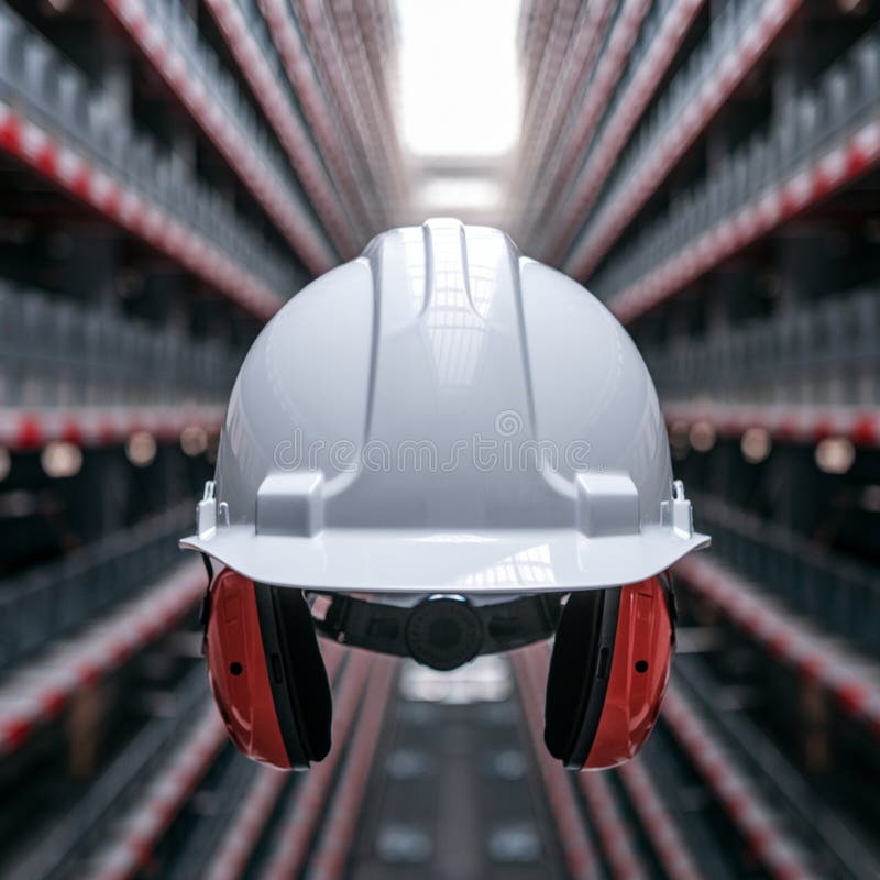 White Construction Hard Hat Centrally Positioned, Reflective Surface ...