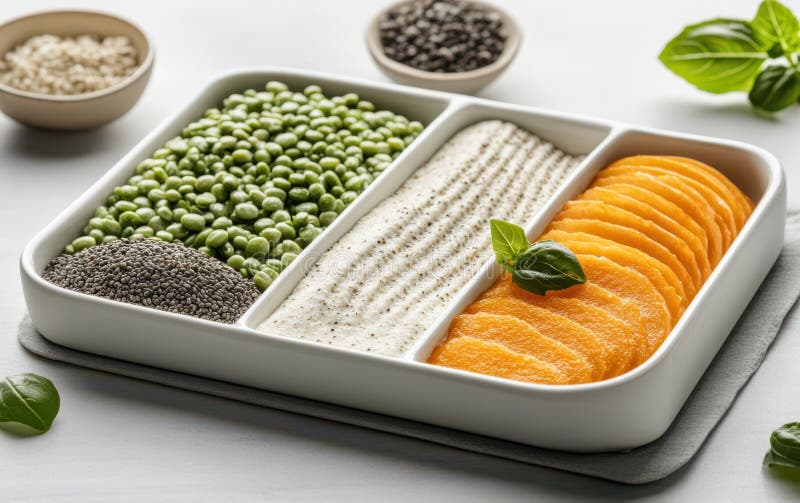 A White Container Divided into Three Sections, Filled with Vegetables ...