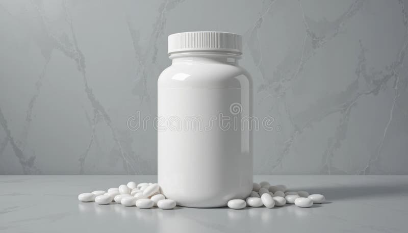 White Container Filled with Pills is Placed Smooth Surface, Surrounded ...