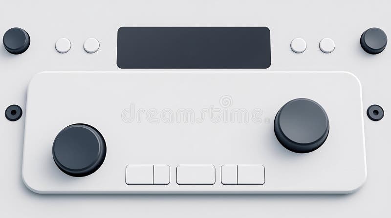 White Control Panel with Circular Knobs and Buttons on Gray Metal Frame ...
