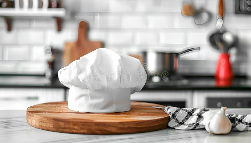 White Cook Hat on Board and Kitchen Interior. Stock Image - Image of ...