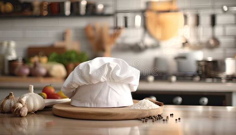White Cook Hat on Board and Kitchen Interior. Stock Image - Image of ...