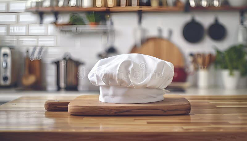 White Cook Hat on Board and Kitchen Interior. Stock Photo - Image of ...
