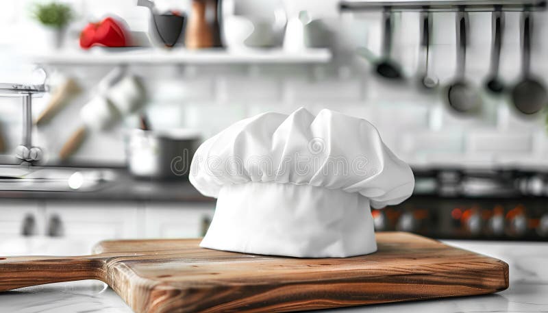 White Cook Hat on Board and Kitchen Interior. Stock Image - Image of ...