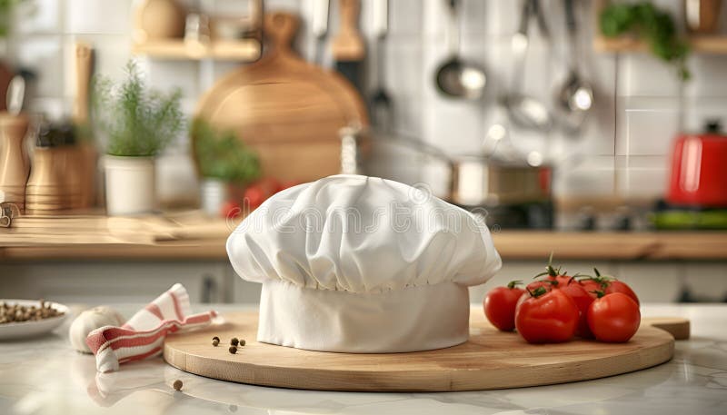 White Cook Hat on Board and Kitchen Interior. Stock Photo - Image of ...