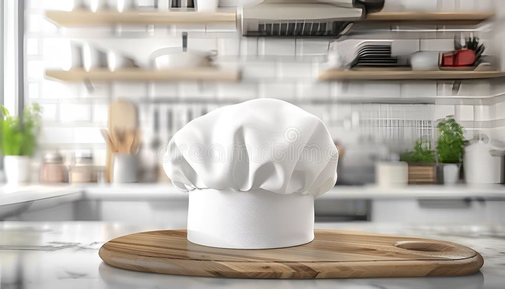White Cook Hat on Board and Kitchen Interior. Stock Photo - Image of ...