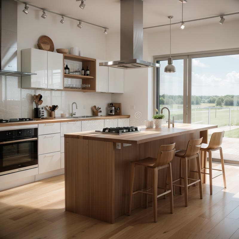White Cooking Interior with Bar Chairs and Countertop Hardwood Floor ...