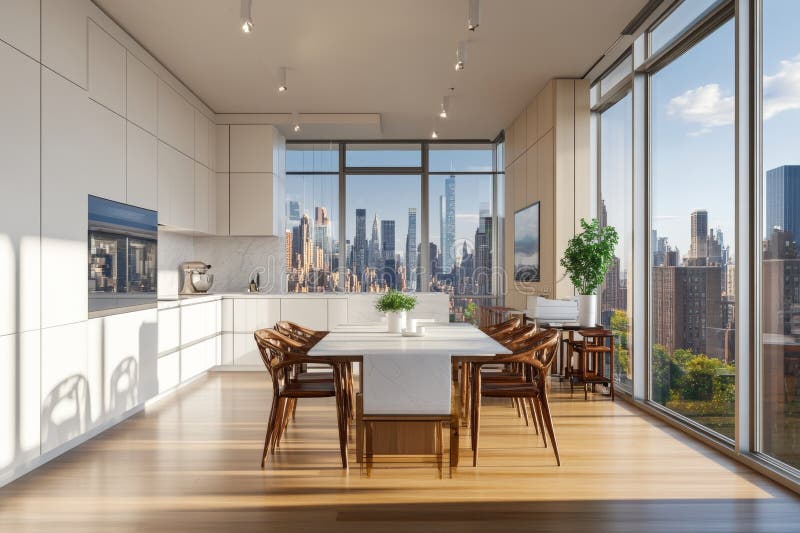 White Corner Kitchen with Dining Table and Cabinets Stock Photo - Image ...