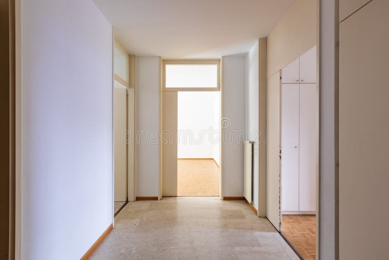 White Corridor with Parquet and Open Doors Stock Photo - Image of ...