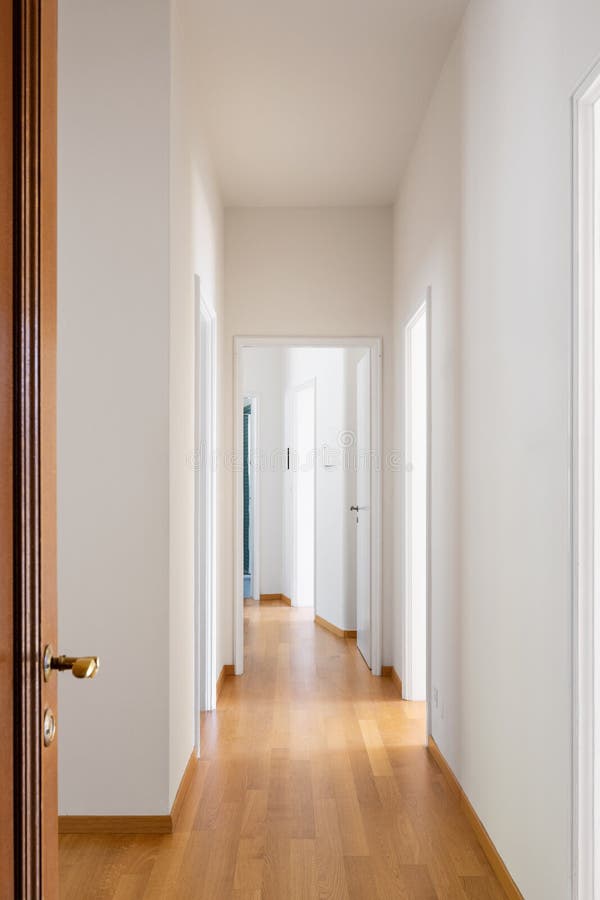 White Corridor with Parquet and Open Doors Stock Image - Image of wood ...