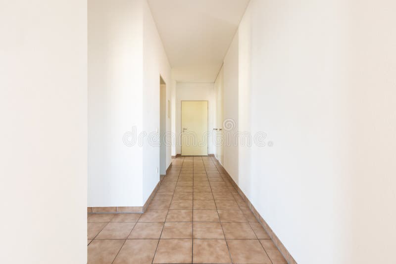 White Corridor with Tiles and Closed Doors Stock Image - Image of ...