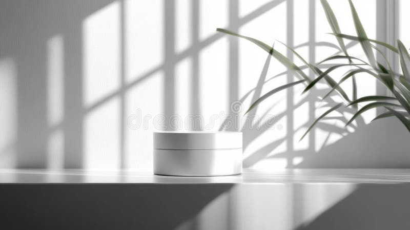 White Cosmetic Product Display with Plant Shadows on a Table Surface ...