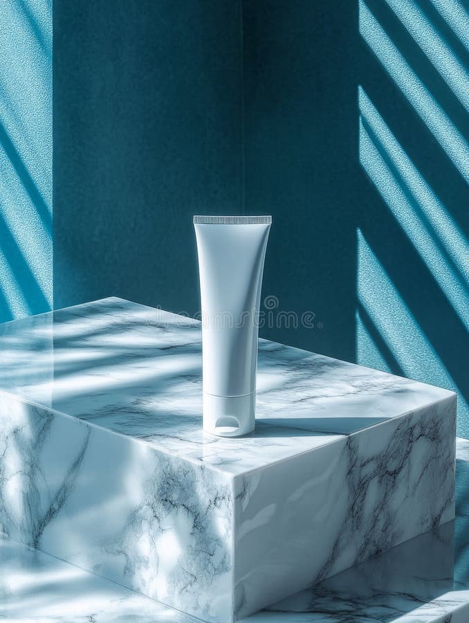 White Cosmetic Tube on Marble Platform with Blue Shadowed Backdrop ...