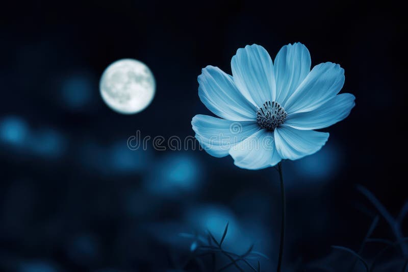 White Cosmos Flower Illuminated by Moonlight Against a Serene Dark ...