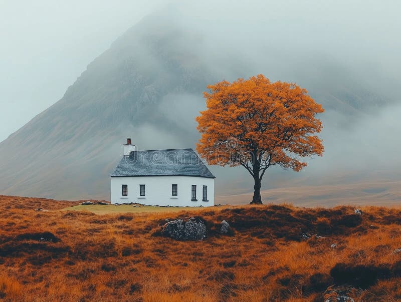 White Cottage Hidden in the Mist Stock Illustration - Illustration of ...