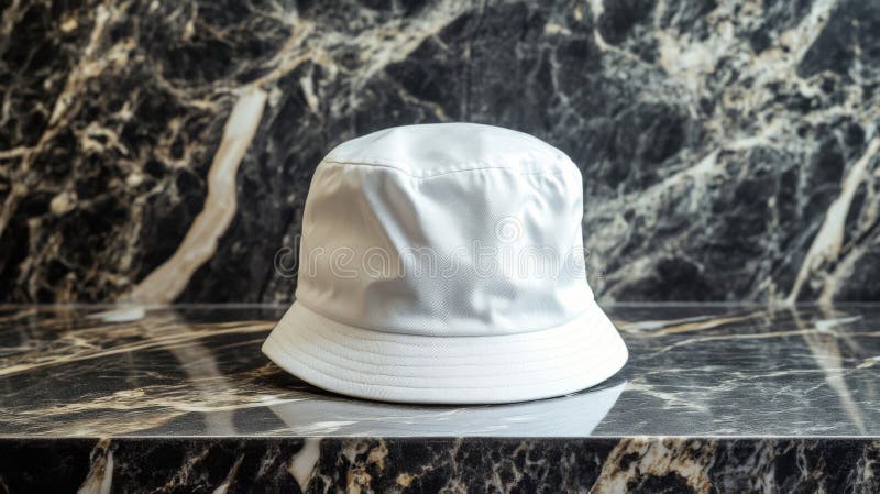 White Cotton Bucket Hat on Black and Gold Marble Surface in Studio ...
