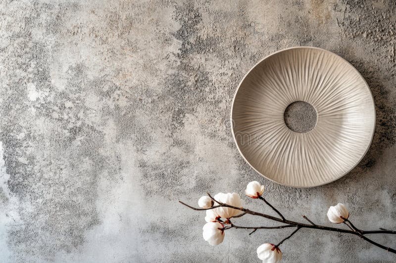 White Cotton Flowers and Ceramic Plate on a Grey Background Stock ...