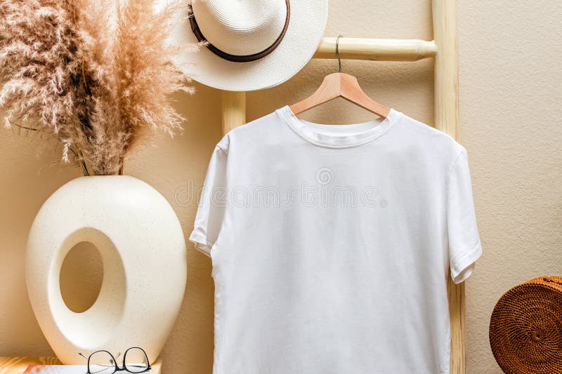 White Cotton T-shirt Mock-up. Boho Interior Stock Photo - Image of ...