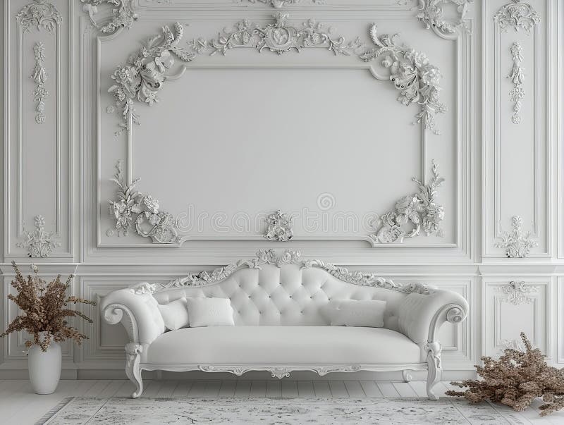 White Couch in Front of White Wall Stock Illustration - Illustration of ...