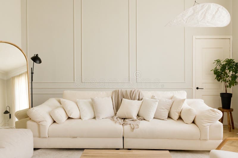 White couch with pillows stock photo. Image of comfort - 367086346