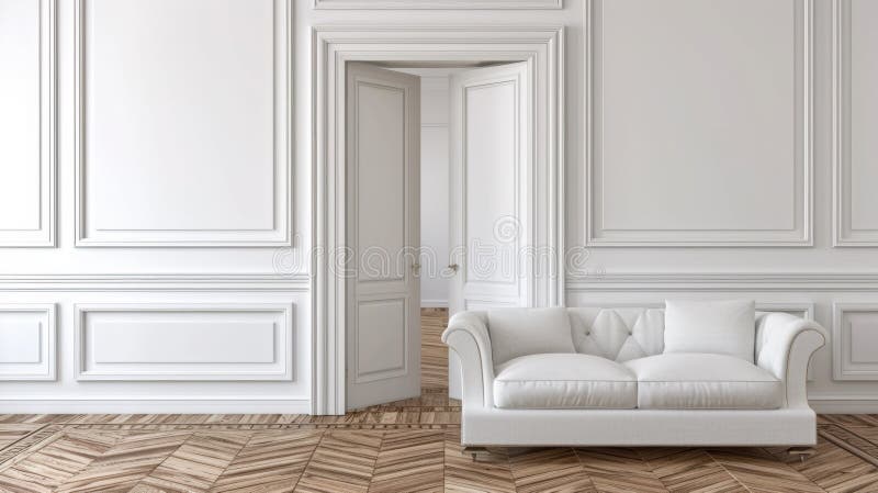 A White Couch in a Room with Hardwood Floors and Doors, AI Stock ...