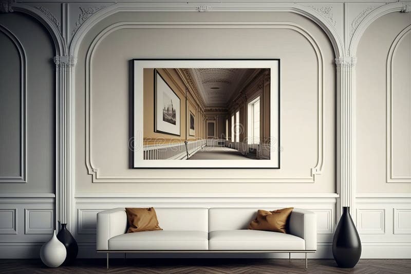 White Couch Sits in Front of Large Framed Picture. Generative AI Stock ...