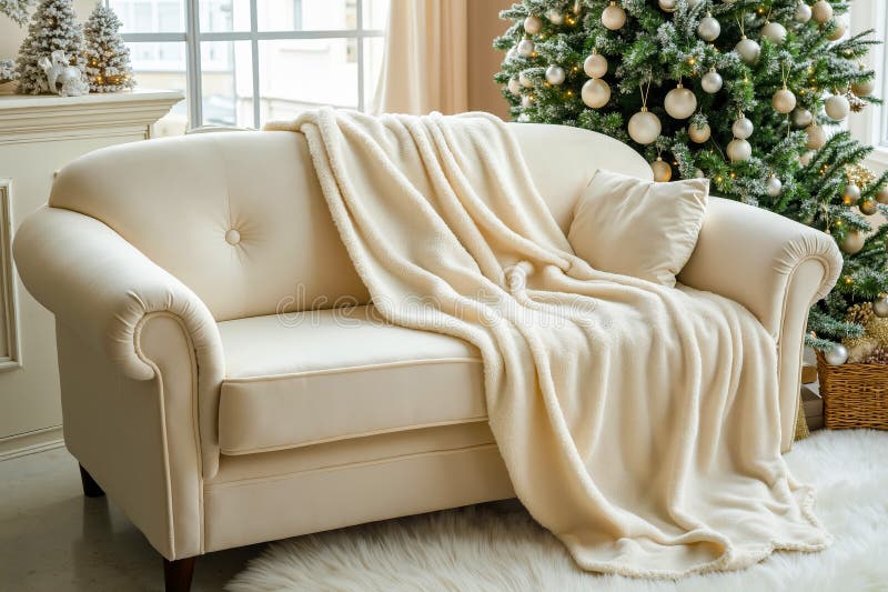 A White Couch Sitting in Front of a Christmas Tree Stock Image - Image ...