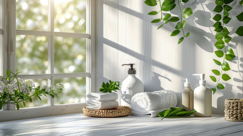White Counter Filled with Bottles and Containers Stock Image - Image of ...