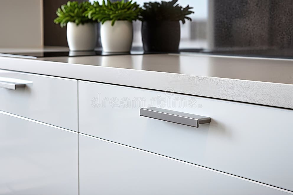White Counter with Handles in Modern Kitchen, Closeup Stock ...
